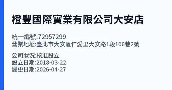 橙豐國際實業有限公司大安店的照片-統編 72957299(臺北市) 公司登記資料與營業項目詳細圖表