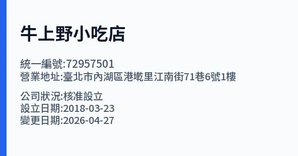 牛上野小吃店的照片-統編 72957501(臺北市) 公司登記資料與營業項目詳細圖表