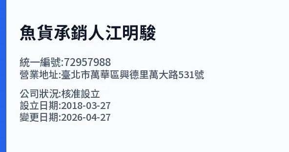 魚貨承銷人江明駿的照片-統編 72957988(臺北市) 公司登記資料與營業項目詳細圖表