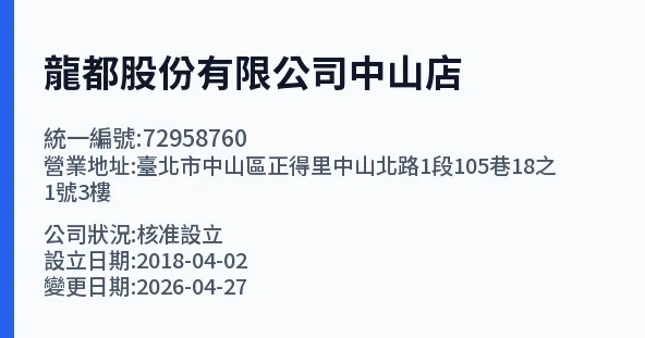 龍都股份有限公司中山店的照片-統編 72958760(臺北市) 公司登記資料與營業項目詳細圖表