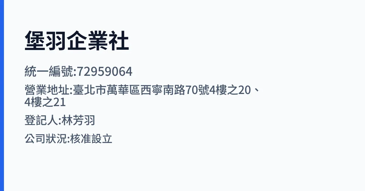 堡羽企業社 - 統編 72959064(臺北市) 公司登記資料與營業項目詳細圖表