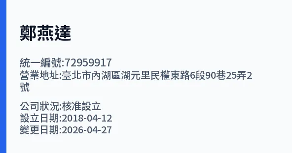 鄭燕達的照片-統編 72959917(臺北市) 公司登記資料與營業項目詳細圖表