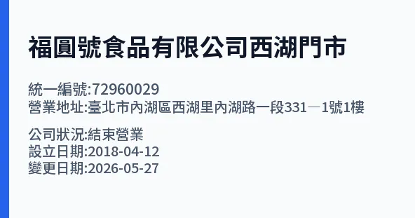 福圓號食品有限公司西湖門市的照片-統編 72960029(臺北市) 公司登記資料與營業項目詳細圖表