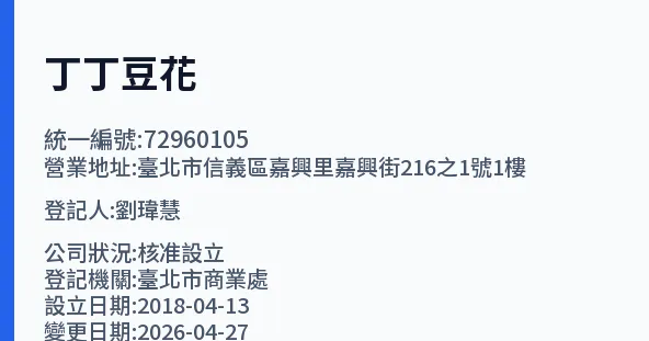 丁丁豆花的照片-統編 72960105(臺北市) 公司登記資料與營業項目詳細圖表