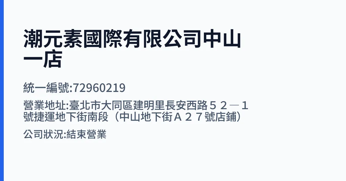 潮元素國際有限公司中山一店 - 統編 72960219(臺北市) 公司登記資料與營業項目詳細圖表