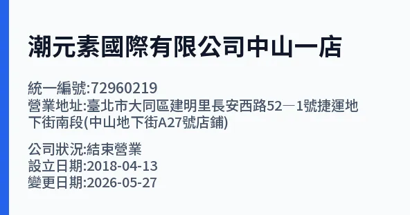 潮元素國際有限公司中山一店的照片-統編 72960219(臺北市) 公司登記資料與營業項目詳細圖表