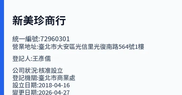 新美珍商行的照片-統編 72960301(臺北市) 公司登記資料與營業項目詳細圖表