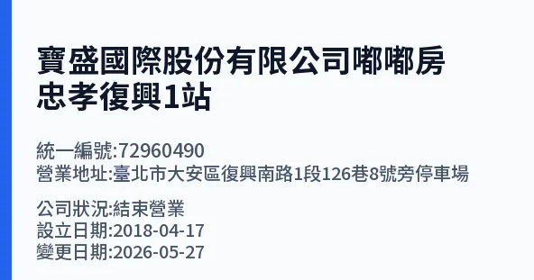 寶盛國際股份有限公司嘟嘟房忠孝復興1站的照片-統編 72960490(臺北市) 公司登記資料與營業項目詳細圖表