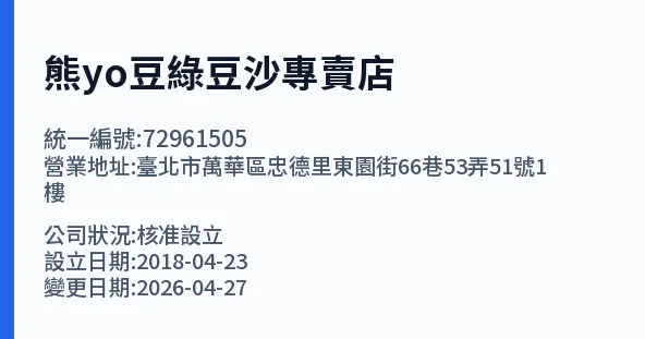 熊yo豆綠豆沙專賣店的照片-統編 72961505(臺北市) 公司登記資料與營業項目詳細圖表