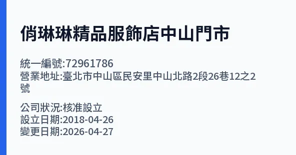 俏琳琳精品服飾店中山門市的照片-統編 72961786(臺北市) 公司登記資料與營業項目詳細圖表