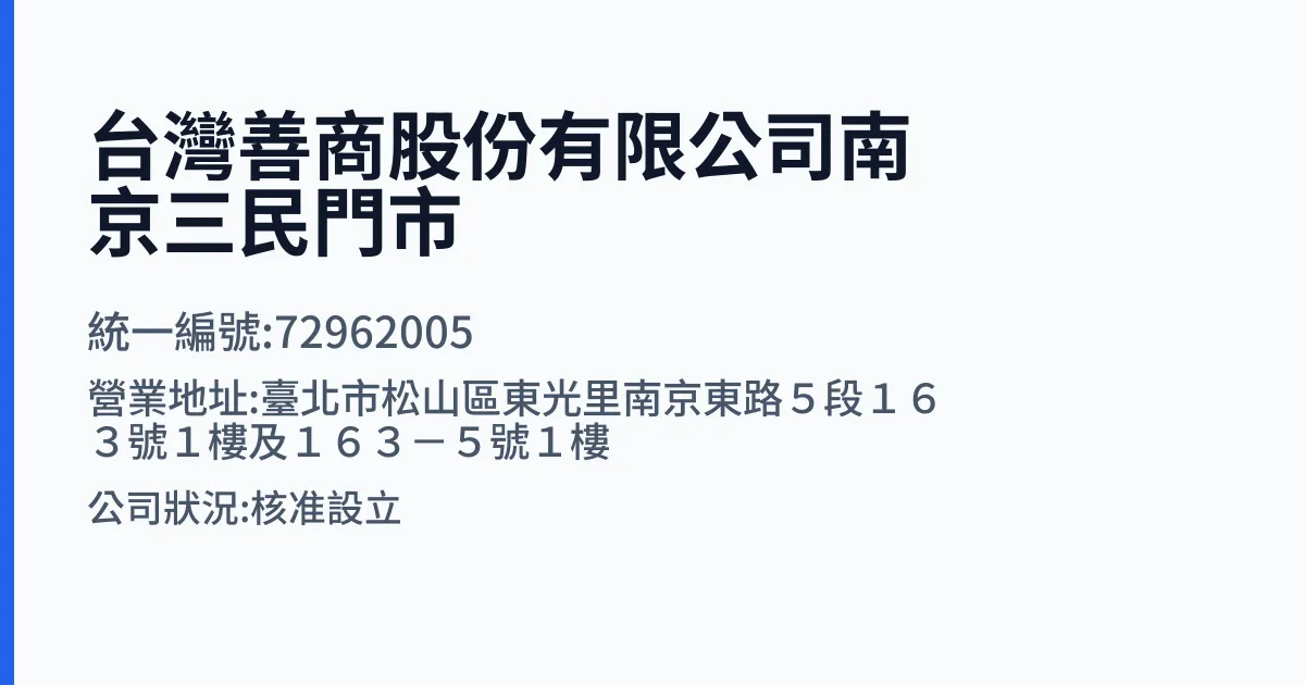 台灣善商股份有限公司南京三民門市 - 統編 72962005(臺北市) 公司登記資料與營業項目詳細圖表