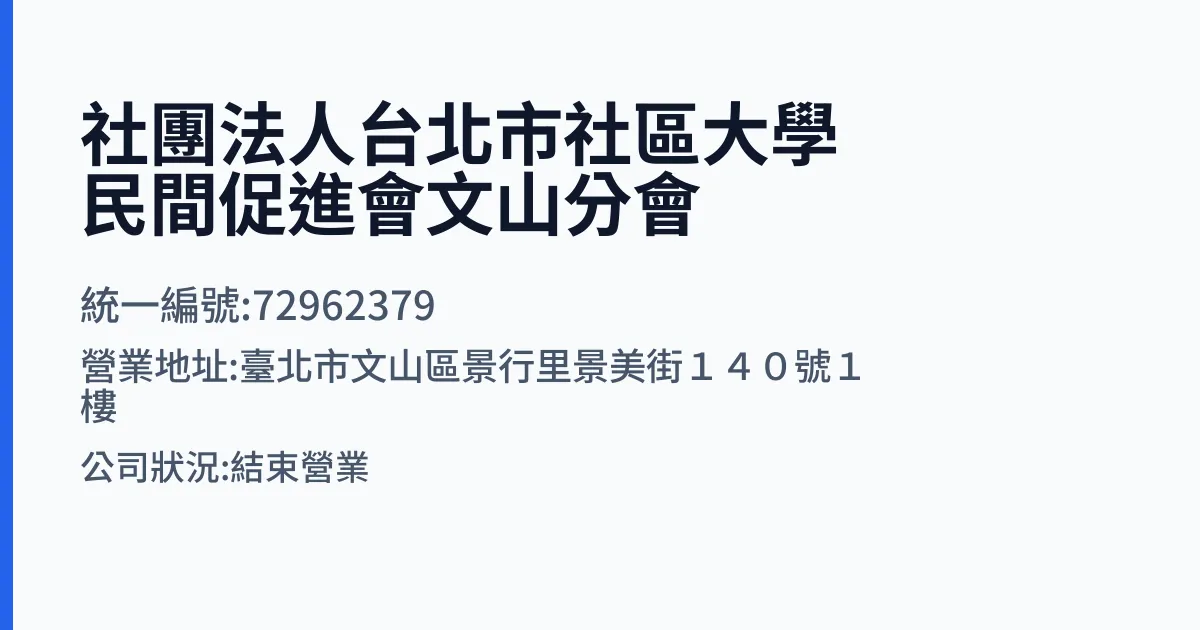 社團法人台北市社區大學民間促進會文山分會 - 統編 72962379(臺北市) 公司登記資料與營業項目詳細圖表