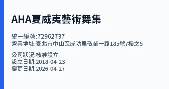 AHA夏威夷藝術舞集的照片-統編 72962737(臺北市) 公司登記資料與營業項目詳細圖表