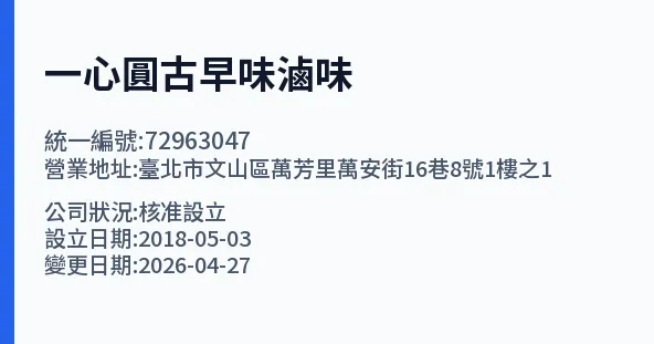 一心圓古早味滷味的照片-統編 72963047(臺北市) 公司登記資料與營業項目詳細圖表