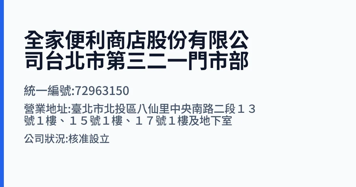 全家便利商店股份有限公司台北市第三二一門市部 - 統編 72963150(臺北市) 公司登記資料與營業項目詳細圖表