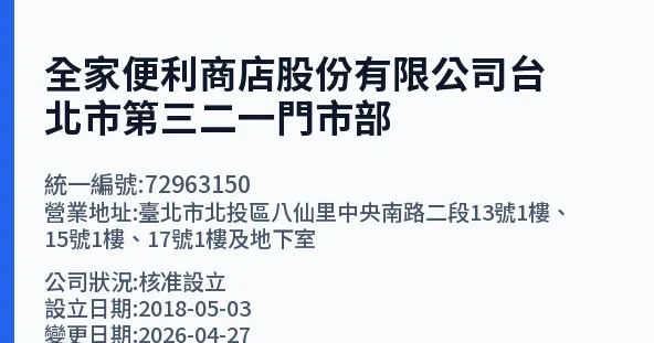 全家便利商店股份有限公司台北市第三二一門市部的照片-統編 72963150(臺北市) 公司登記資料與營業項目詳細圖表