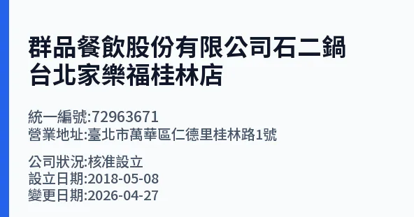群品餐飲股份有限公司石二鍋台北家樂福桂林店的照片-統編 72963671(臺北市) 公司登記資料與營業項目詳細圖表