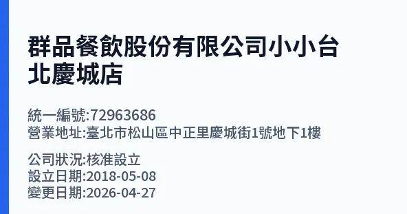 群品餐飲股份有限公司小小台北慶城店的照片-統編 72963686(臺北市) 公司登記資料與營業項目詳細圖表