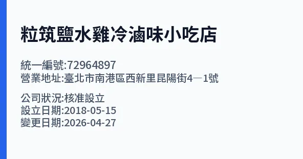 粒筑鹽水雞冷滷味小吃店的照片-統編 72964897(臺北市) 公司登記資料與營業項目詳細圖表