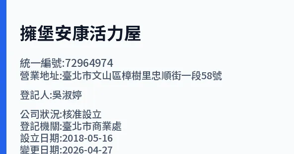 擁堡安康活力屋的照片-統編 72964974(臺北市) 公司登記資料與營業項目詳細圖表