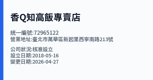 香Q知高飯專賣店的照片-統編 72965122(臺北市) 公司登記資料與營業項目詳細圖表