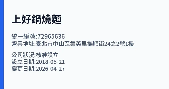 上好鍋燒麵的照片-統編 72965636(臺北市) 公司登記資料與營業項目詳細圖表