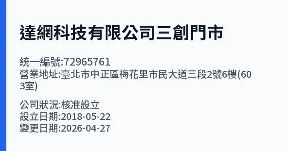 達網科技有限公司三創門市的照片-統編 72965761(臺北市) 公司登記資料與營業項目詳細圖表