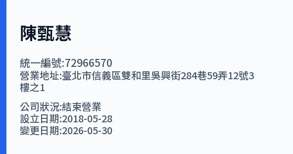 陳甄慧的照片-統編 72966570(臺北市) 公司登記資料與營業項目詳細圖表