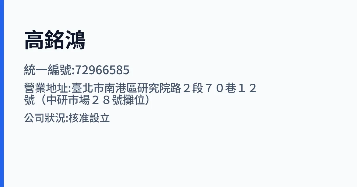 高銘鴻 - 統編 72966585(臺北市) 公司登記資料與營業項目詳細圖表