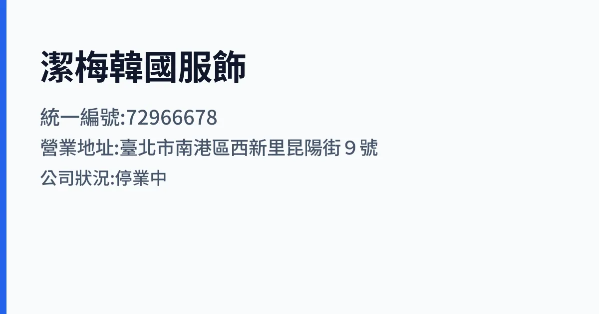 潔梅韓國服飾 - 統編 72966678(臺北市) 公司登記資料與營業項目詳細圖表