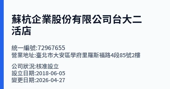 蘇杭企業股份有限公司台大二活店的照片-統編 72967655(臺北市) 公司登記資料與營業項目詳細圖表
