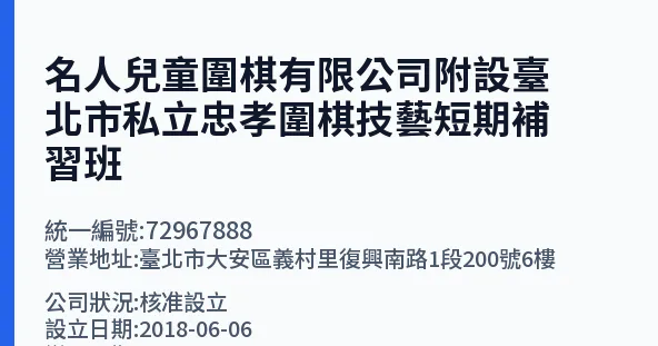名人兒童圍棋有限公司附設臺北市私立忠孝圍棋技藝短期補習班的照片-統編 72967888(臺北市) 公司登記資料與營業項目詳細圖表