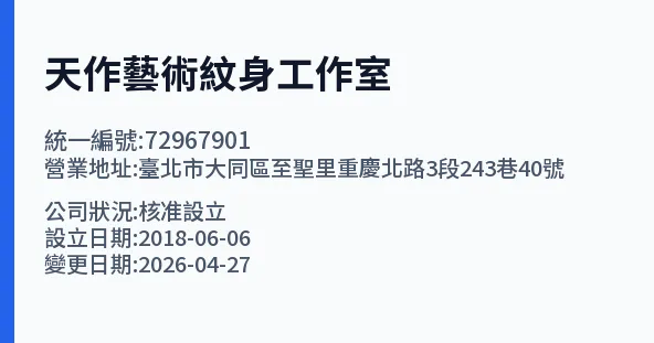 天作藝術紋身工作室的照片-統編 72967901(臺北市) 公司登記資料與營業項目詳細圖表