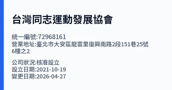 台灣同志運動發展協會的照片-統編 72968161(臺北市) 公司登記資料與營業項目詳細圖表
