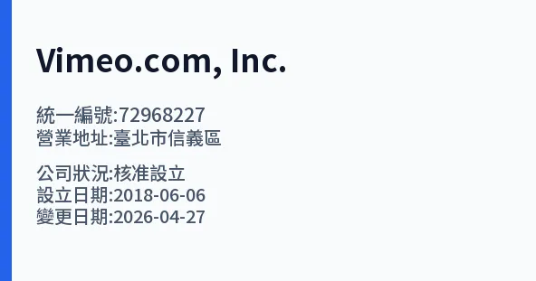Vimeo.com, Inc.的照片-統編 72968227(臺北市) 公司登記資料與營業項目詳細圖表