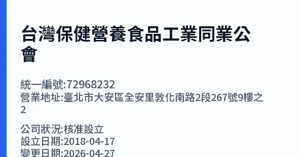 台灣保健營養食品工業同業公會的照片-統編 72968232(臺北市) 公司登記資料與營業項目詳細圖表