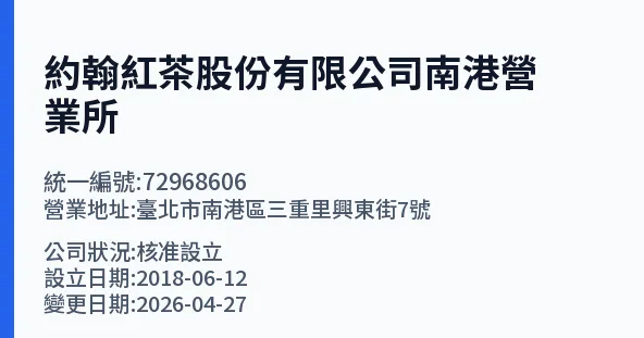 約翰紅茶股份有限公司南港營業所的照片-統編 72968606(臺北市) 公司登記資料與營業項目詳細圖表