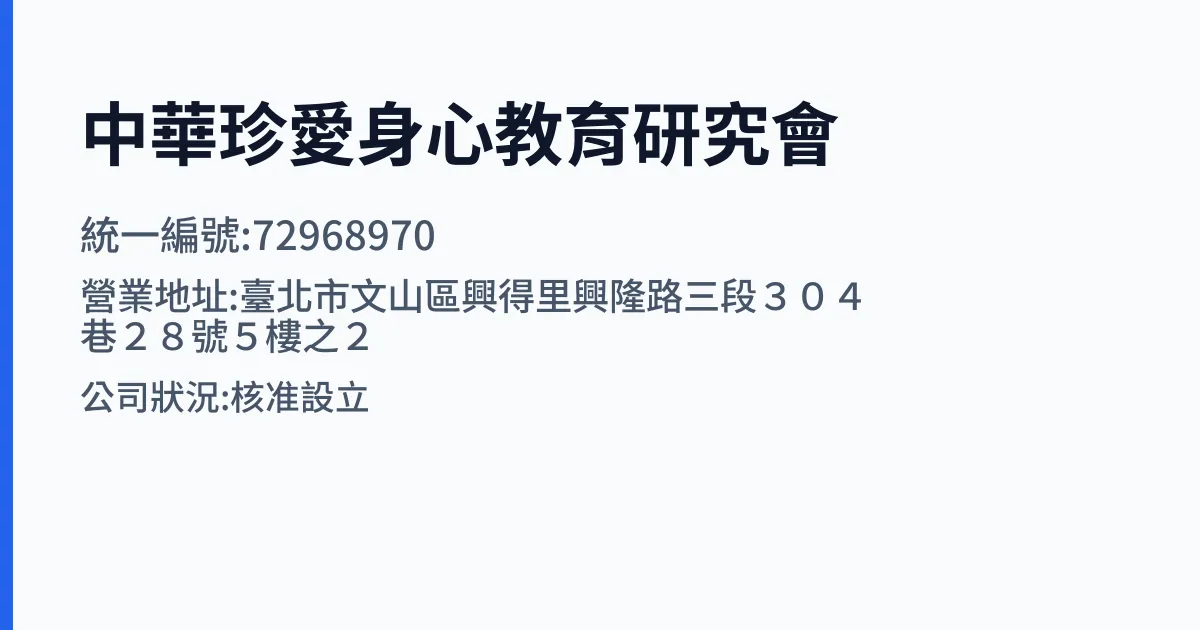 中華珍愛身心教育研究會 - 統編 72968970(臺北市) 公司登記資料與營業項目詳細圖表