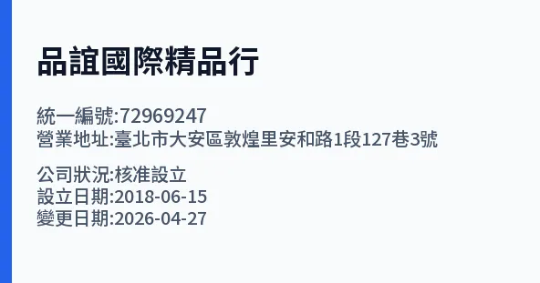 品誼國際精品行的照片-統編 72969247(臺北市) 公司登記資料與營業項目詳細圖表