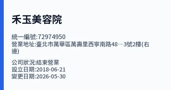 禾玉美容院的照片-統編 72974950(臺北市) 公司登記資料與營業項目詳細圖表