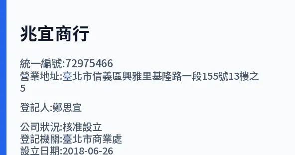 兆宜商行的照片-統編 72975466(臺北市) 公司登記資料與營業項目詳細圖表