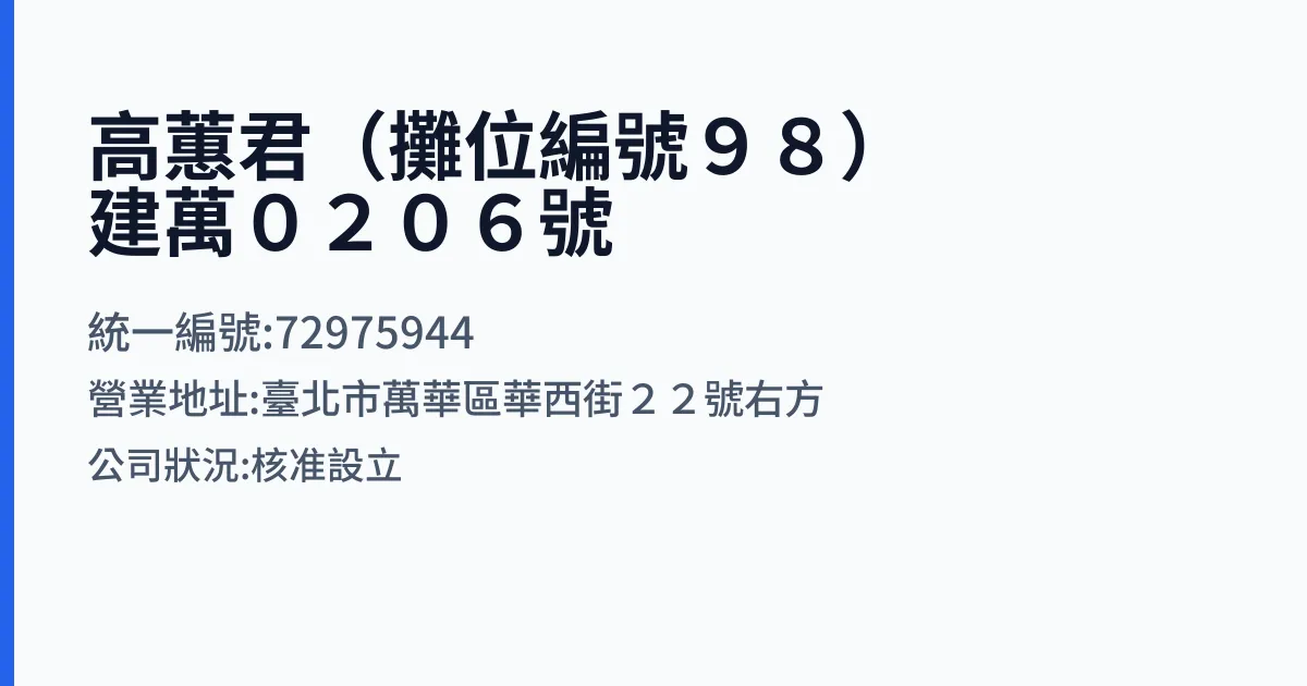 高蕙君（攤位編號９８）建萬０２０６號 - 統編 72975944(臺北市) 公司登記資料與營業項目詳細圖表