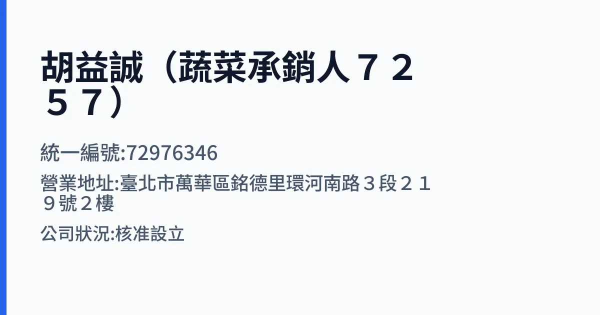 胡益誠(蔬菜承銷人7257) - 統編 72976346(臺北市) 公司登記資料與營業項目詳細圖表