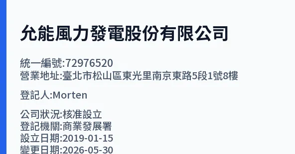 允能風力發電股份有限公司的照片-統編 72976520(臺北市) 公司登記資料與營業項目詳細圖表