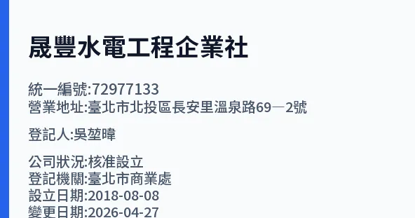 晟豐水電工程企業社的照片-統編 72977133(臺北市) 公司登記資料與營業項目詳細圖表