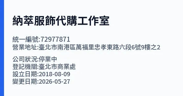 納萃服飾代購工作室的照片-統編 72977871(臺北市) 公司登記資料與營業項目詳細圖表