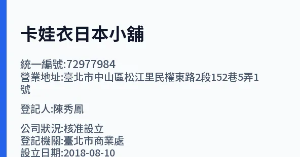 卡娃衣日本小舖的照片-統編 72977984(臺北市) 公司登記資料與營業項目詳細圖表