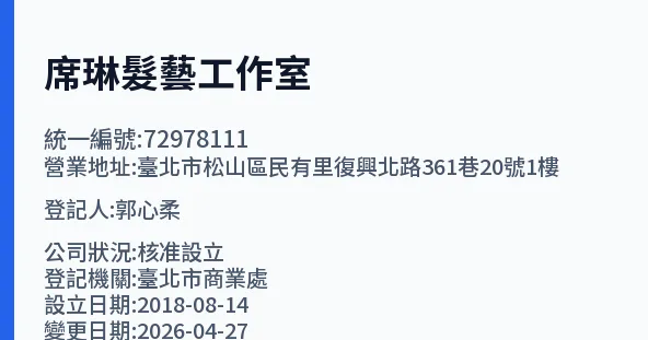 席琳髮藝工作室的照片-統編 72978111(臺北市) 公司登記資料與營業項目詳細圖表