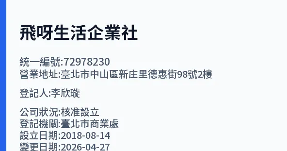 飛呀生活企業社的照片-統編 72978230(臺北市) 公司登記資料與營業項目詳細圖表