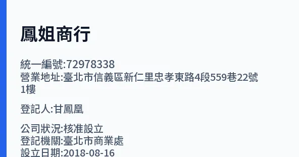 鳳姐商行的照片-統編 72978338(臺北市) 公司登記資料與營業項目詳細圖表